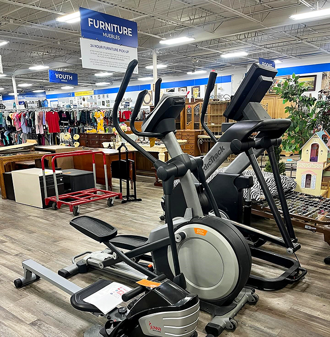 Exercise equipment that's barely broken a sweat waits for its second chance. Someone's abandoned resolution becomes your fitness opportunity.