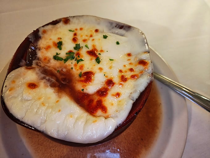 French onion soup with a cheese pull so dramatic it deserves its own category at the Academy Awards.