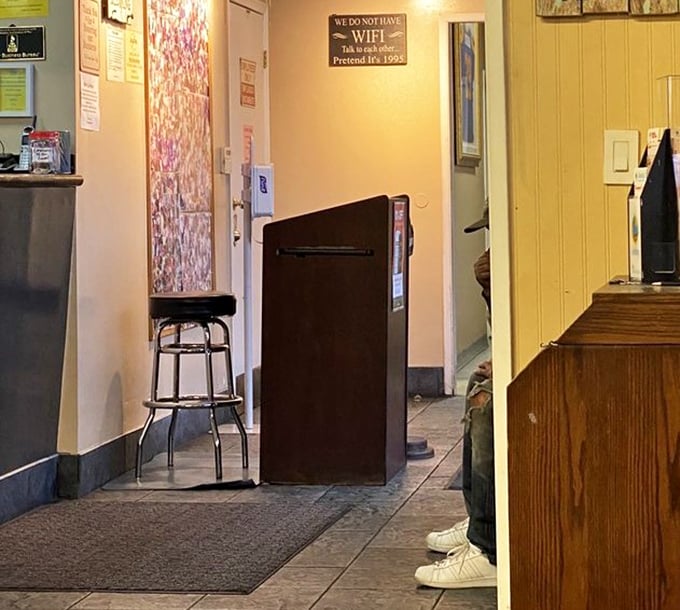 No WiFi sign says it all – this is a place where actual conversation happens. Remember that? It's like texting but with your mouth.
