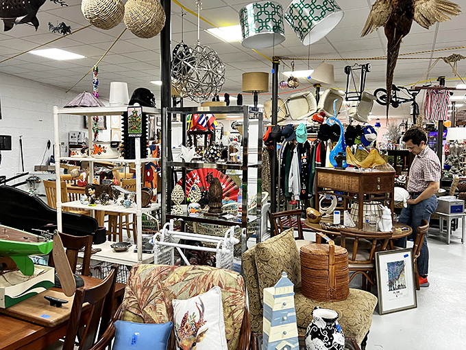 Furniture and decor items create an obstacle course of potential purchases. That coffee table has hosted conversations from another era.