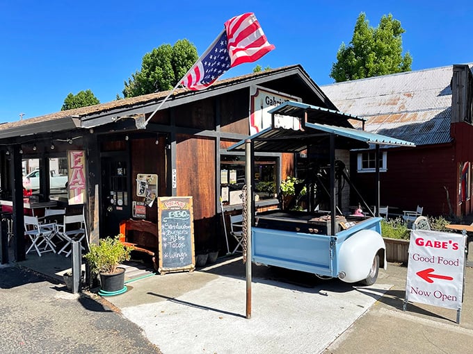 At Gabriel's Grill, that repurposed pickup truck isn't hipster décor—it's authentic upcycling from a time before that was even a word.