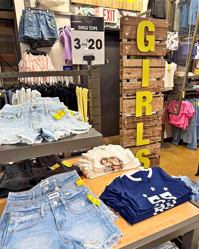 The girls' section at Tulare Outlets—where "3 for $20" signs create more excitement than front row tickets to a Taylor Swift concert.