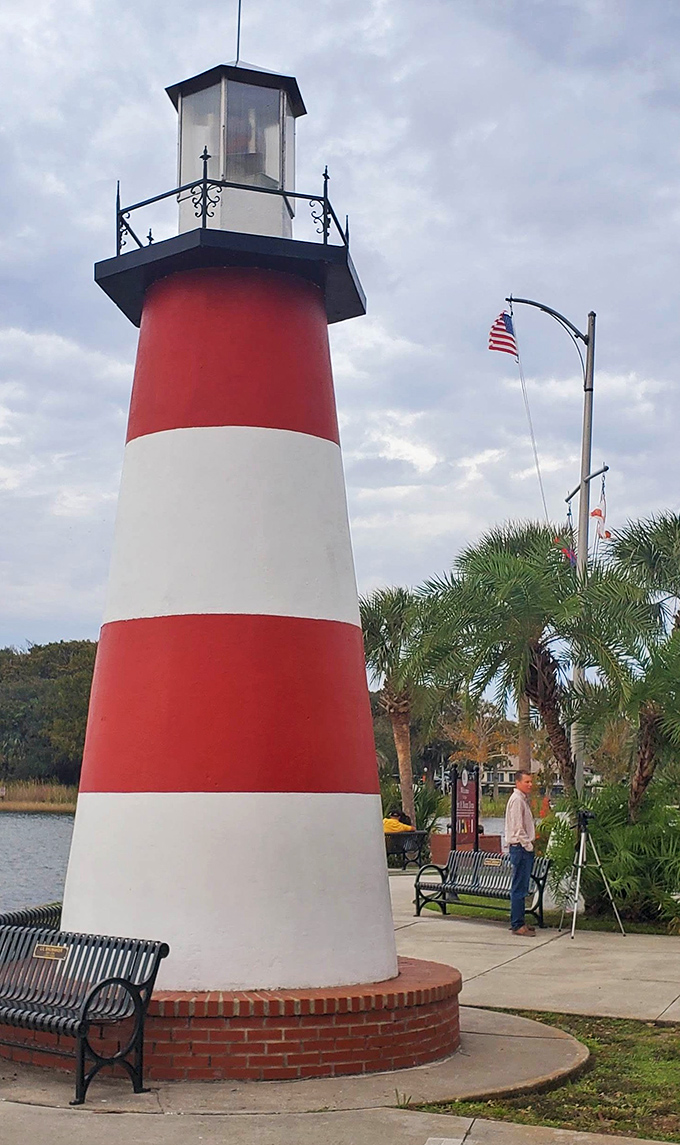 Mount Dora's lighthouse stands proud against Florida skies. The only inland lighthouse in Florida—because even lake sailors need guidance.