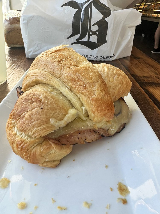 This ham and cheese croissant isn't just breakfast, it's performance art – layers of pastry embracing savory fillings in perfect harmony.