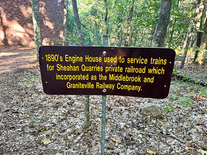 History comes alive through interpretive signage. The Sheahan Quarries' private railroad once transported massive blocks of Missouri granite.