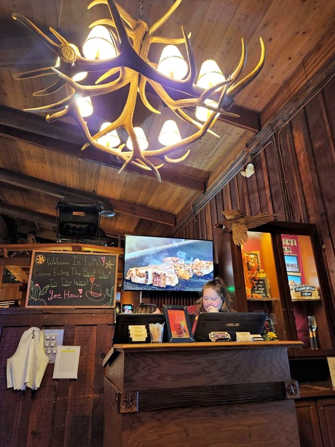 That antler chandelier isn't just decoration—it's a warning to vegetarians that they've wandered into decidedly beefy territory.