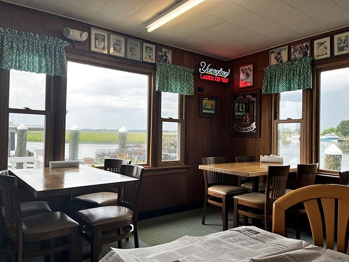 Windows framing views of the Leipsic River remind you that your dinner was swimming nearby just hours ago—seafood doesn't get fresher than this.