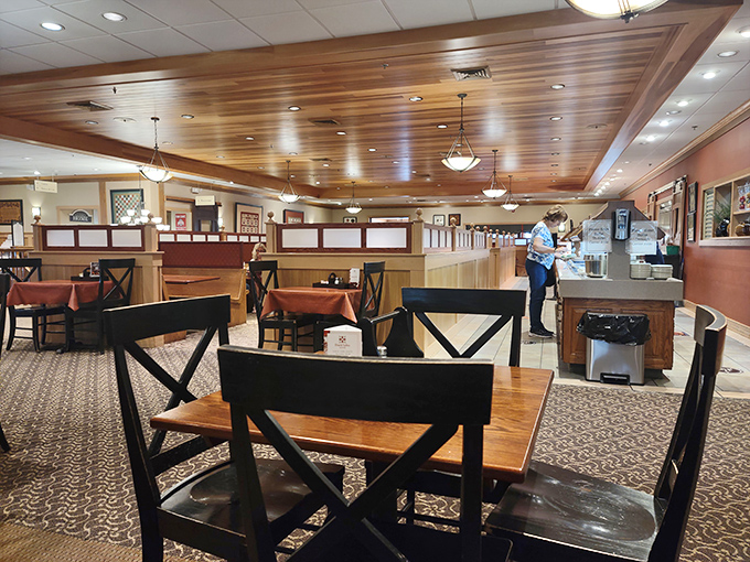 Warm wood ceilings and thoughtful lighting create the perfect backdrop for the main event—food that makes you want to move to Amish Country.