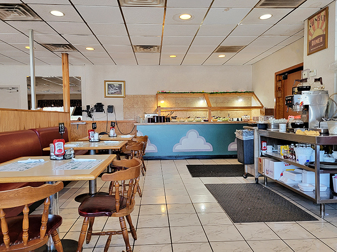 The dining room view captures that perfect small-town restaurant energy—where conversations flow between tables and everyone's business is delightfully everyone's business.
