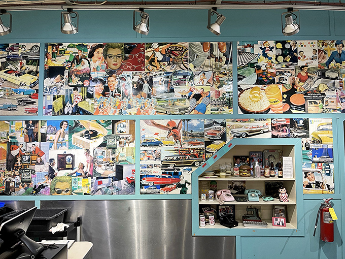 The walls tell stories through a collage of vintage Americana—a visual feast that entertains your eyes while your taste buds wait their turn.