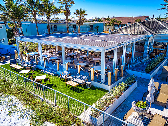 Oceanfront dining that doesn't require a second mortgage. The Kimpton's restaurant offers sea breezes with your meal and grass beneath your feet—nature's carpet.