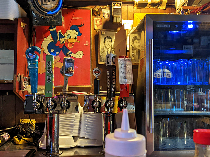 The tap handles stand at attention like soldiers guarding the kingdom of beer—each one promising liquid happiness.