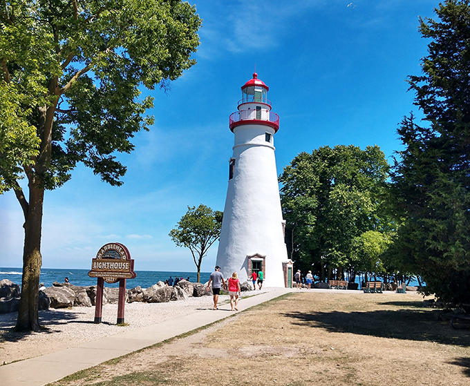 A lighthouse standing sentinel on Lake Erie's shore, guiding visitors to photographic opportunities and maritime history lessons since the 1800s.