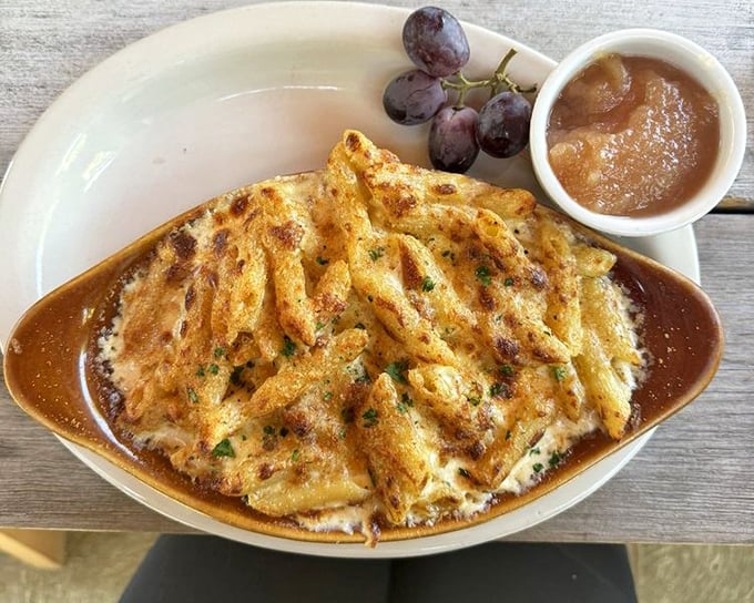 Mac and cheese that's achieved the perfect golden crust – the culinary equivalent of hitting the lottery and finding the perfect parking spot on the same day.