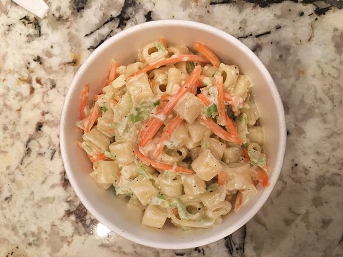Mac salad that puts potluck versions to shame. Those little carrot bits are like confetti celebrating your excellent food choices.