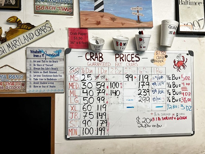 The whiteboard of destiny! These handwritten prices reflect the day's catch—a true sign you're getting the freshest seafood possible.