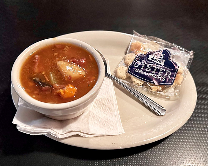 Hearty stew that would make your grandmother simultaneously proud and jealous. Comes with crackers for essential dipping operations.