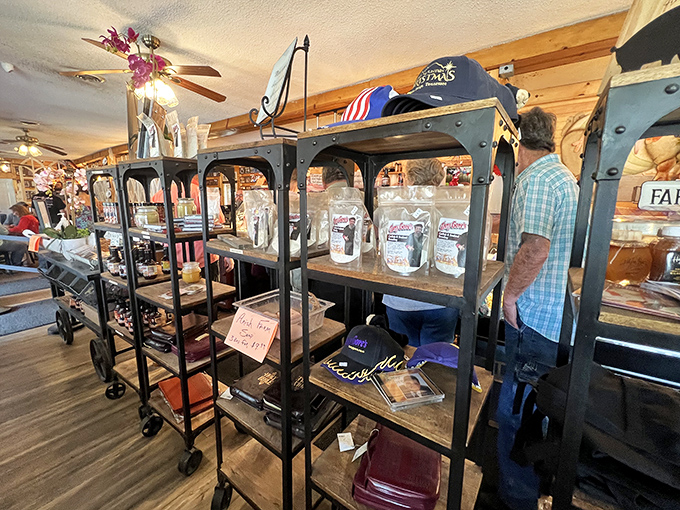 The merchandise corner—where you can take home a souvenir of your meal that doesn't require refrigeration or a doggie bag.