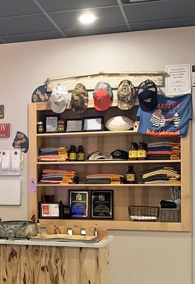 Harvey's merchandise wall—because sometimes a t-shirt or hat is the only way to prove to friends back home that you've found barbecue nirvana.
