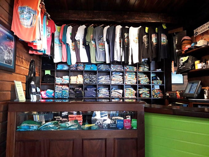 The merch wall – because sometimes a t-shirt is the only way to prove to friends back home that paradise actually exists.