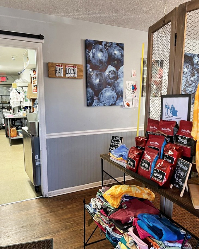 The "Eat Local" sign isn't just decoration—it's the Blueberry Cafe philosophy served with a side of hometown pride.