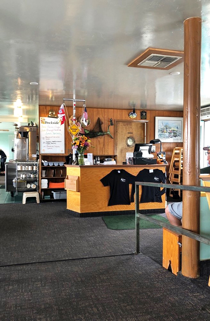 The counter area feels like a maritime time capsule, where T-shirts hang and nautical touches remind you of your delicious proximity to the sea.