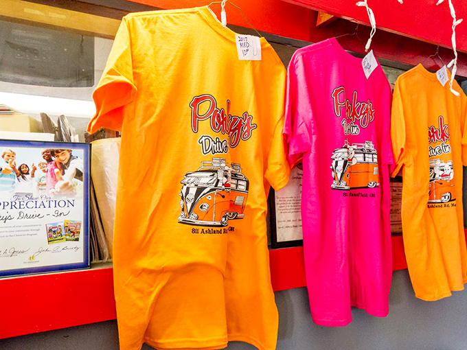 Porky's merch in vibrant colors lets you take home more than just leftovers—though the shirt won't taste nearly as good as lunch did.