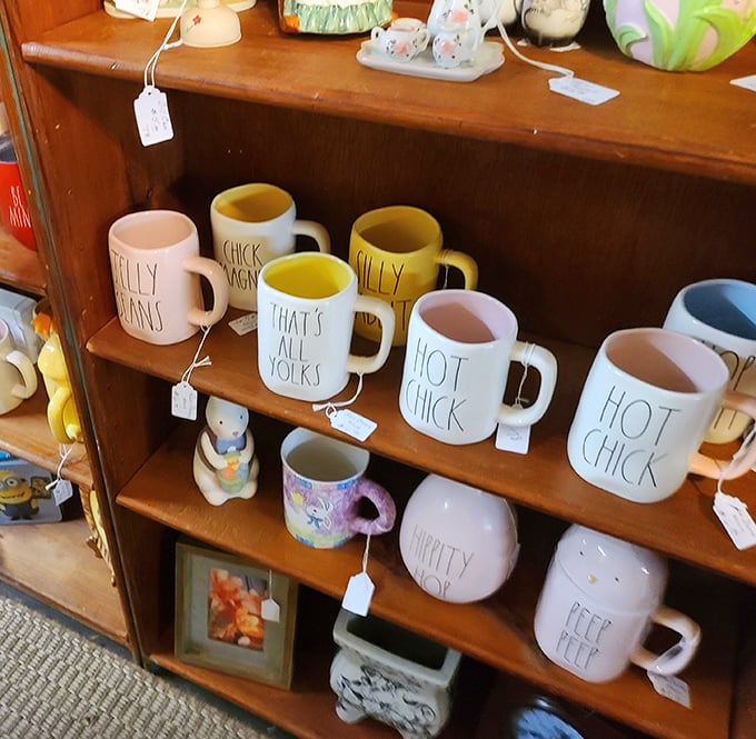 Mugs with attitude line these shelves, offering morning affirmations with a side of sass—because coffee tastes better with personality.