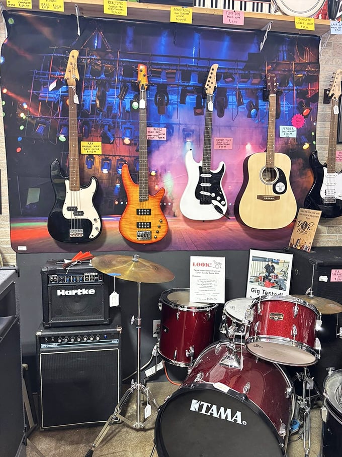 Rock star dreams on display! That drum kit has probably played fewer gigs than it's inspired garage band fantasies.