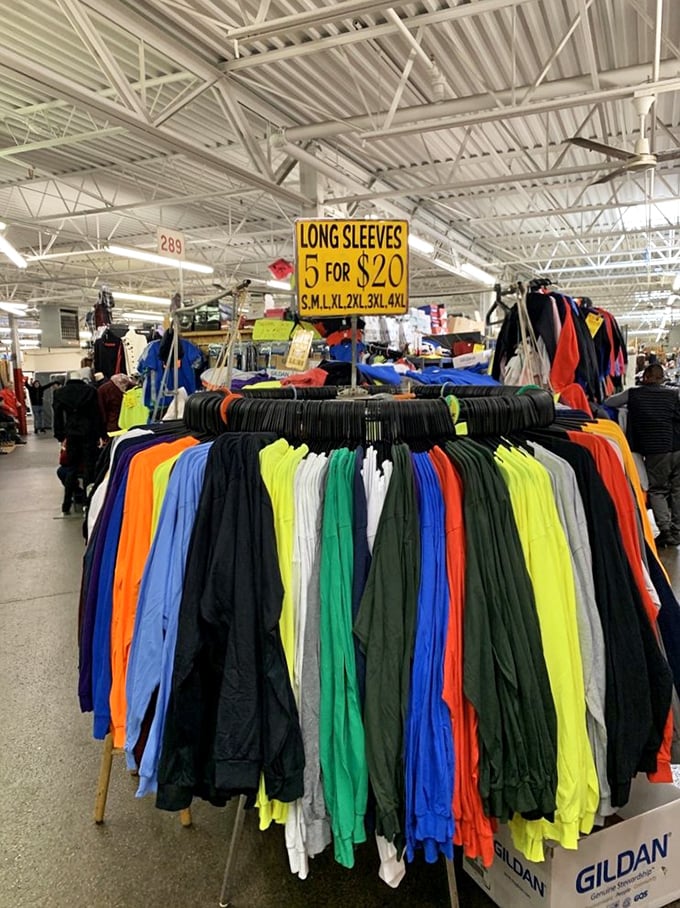 Five long-sleeve shirts for $20? This rainbow wheel of casual wear proves that at Swap-O-Rama, your wardrobe can expand without your budget shrinking.