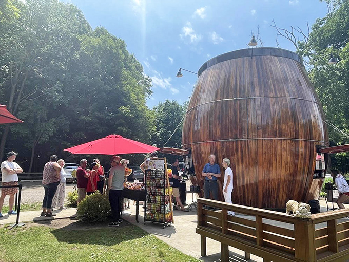 Sunshine, blue skies, and a barrel-shaped restaurant—proof that Michigan summers are designed for maximum joy and minimum pretension.