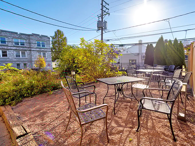 The outdoor seating area offers a sun-dappled retreat, perfect for enjoying a glass of Chianti while watching Hershey life unfold.