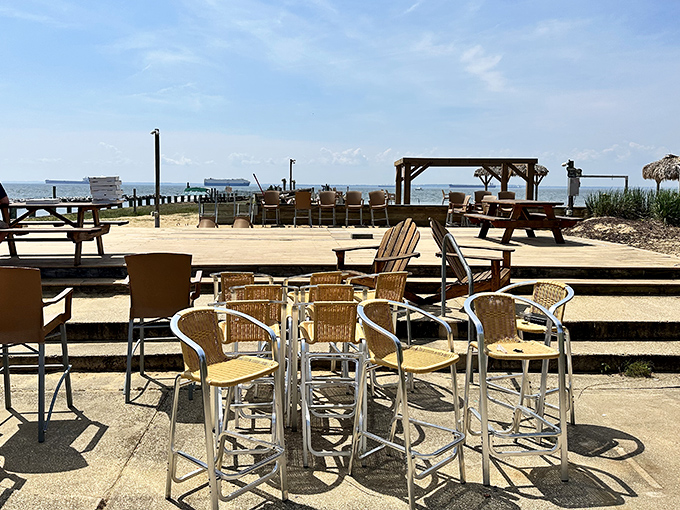 The outdoor patio offers front-row seats to nature's best show—endless water views that pair perfectly with whatever's on your plate.