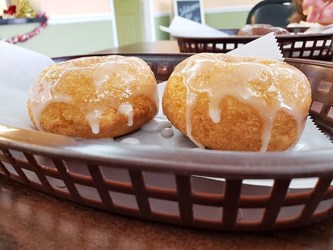 Two glazed beauties basking in their basket like sunbathers on a Pennsylvania beach. The glaze drips say, "Take me home."