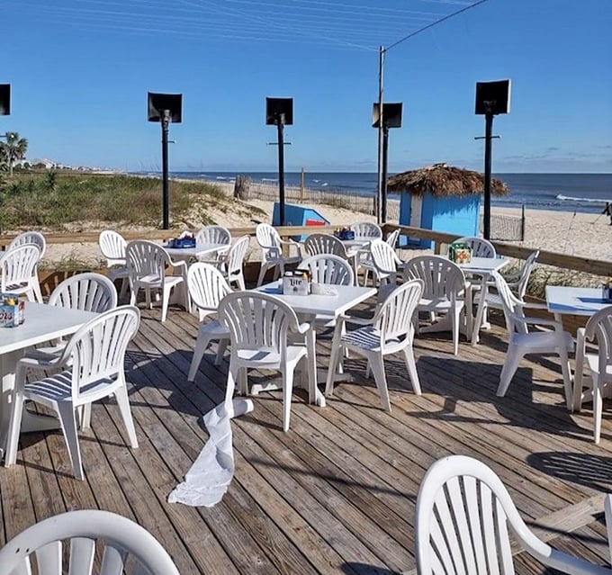 Oceanfront dining without the white tablecloth markup—just honest wooden decks, plastic chairs, and million-dollar Gulf views.