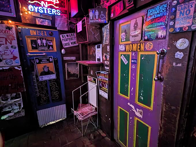 Even the restroom area has personality to spare. When a place decorates their bathroom doors this creatively, you know the food's going to be good.