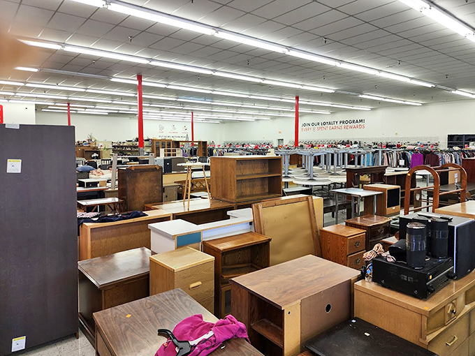 A forest of wooden furniture offers everything from practical storage to conversation-starting accent pieces at fraction-of-retail prices.