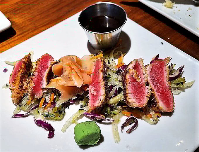 Seared ahi tuna that's dressed better than most people at the theater – rare in the middle and accessorized with wasabi.