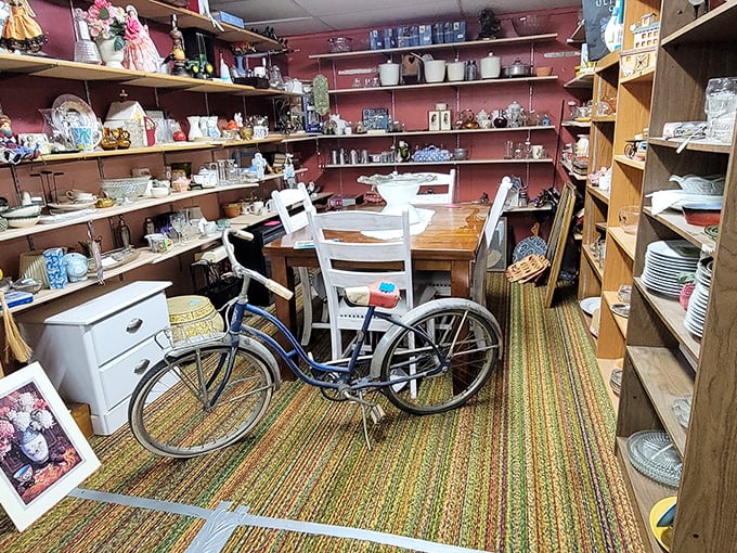 That vintage bicycle isn't just transportation—it's a time machine with wheels, parked between shelves of yesterday's everyday items.