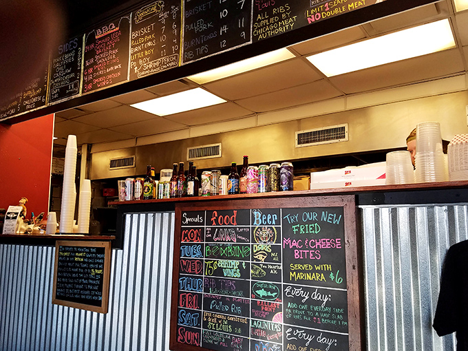 A rainbow of house-made sauces lines the counter, each promising a different path to flavor nirvana. Choose wisely, or try them all!