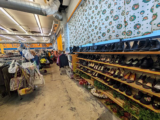 The shoe section offers footwear fantasies at fraction prices, arranged with surprising precision. Cinderella would have saved so much trouble shopping here.
