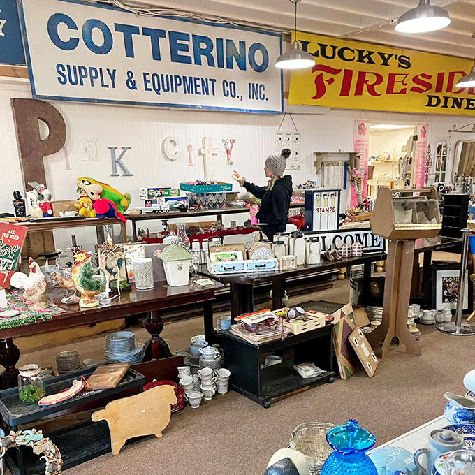 Vintage signs and curated collections create the feeling you've wandered into the coolest garage sale ever – one meticulously organized by someone who gets it.