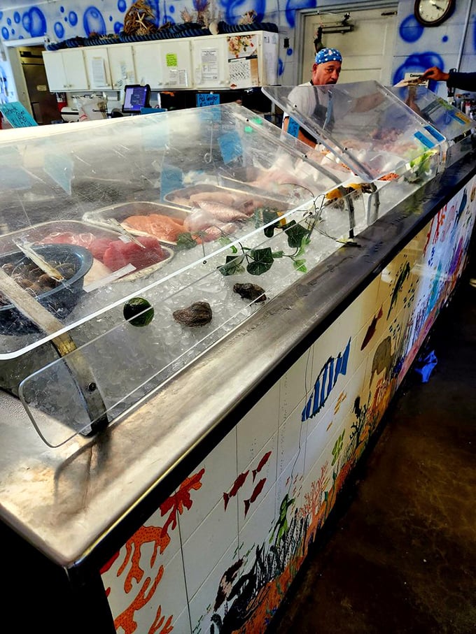 Behind the counter, fresh catches of the day glisten under glass. Tomorrow, they'll be someone's "best seafood I've ever had" story.