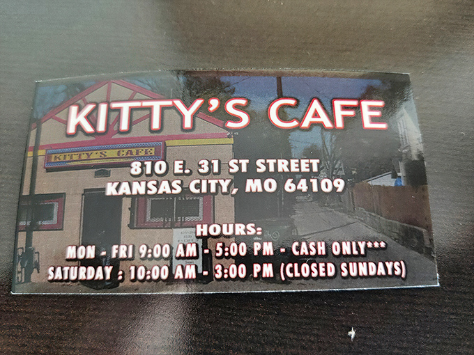 The business card tells you everything you need to know – location, hours, and the all-important "CASH ONLY" reminder.