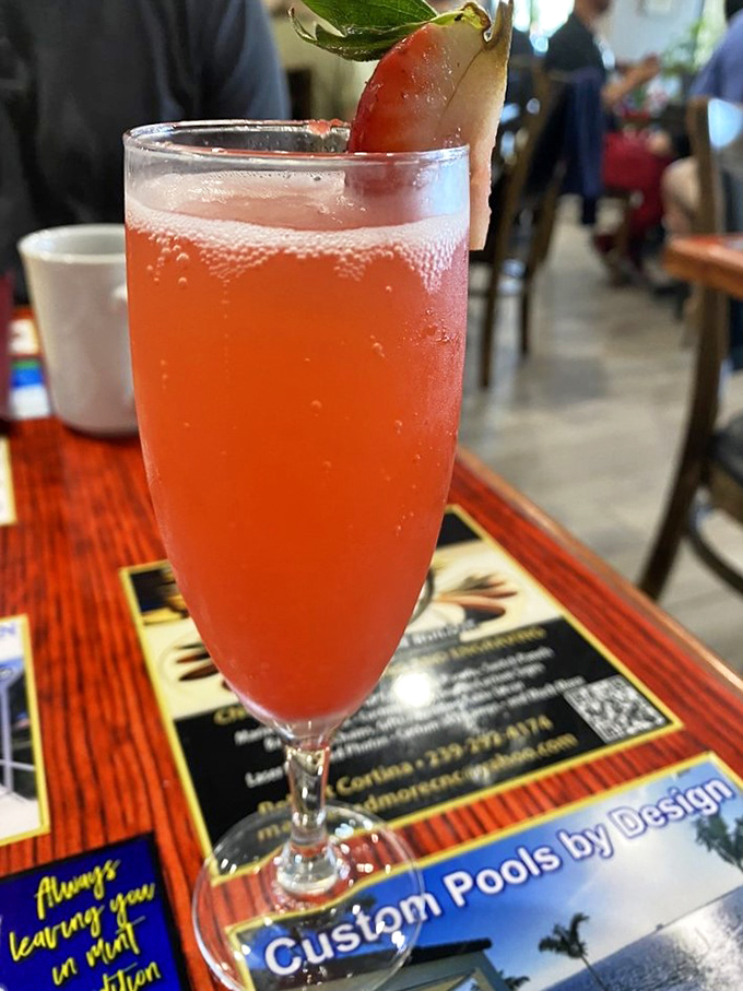 Brunch's most photogenic celebrity—the strawberry mimosa. Bubbles and blush, ready for its Instagram moment.