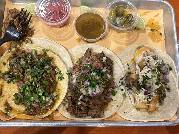 Taco trio that proves BBQ knows no borders. These aren't your standard Tuesday night tacos—they're smoke-infused flavor vehicles with attitude.