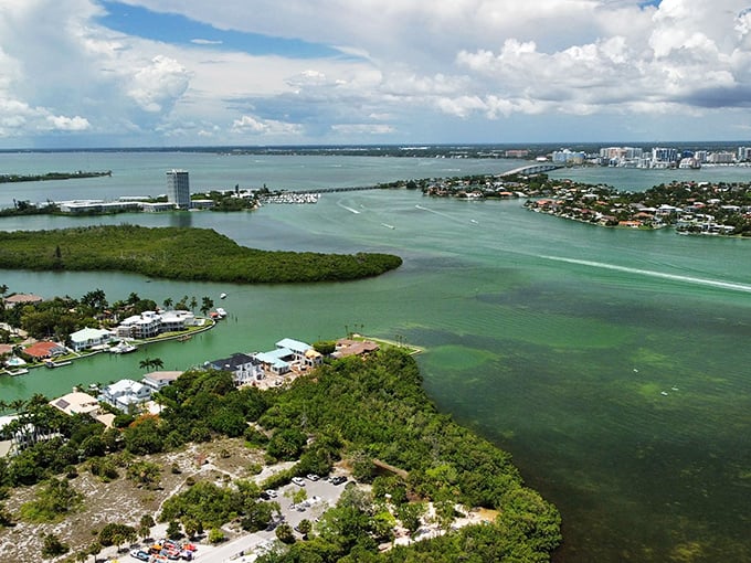 Ted Sperling Park's aerial view reveals the intricate dance between land and water – mangroves and channels creating nature's perfect jigsaw puzzle.