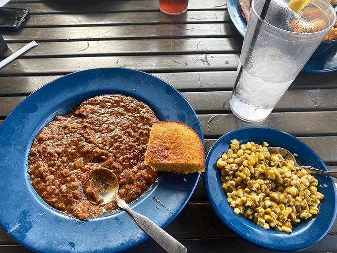 Texas chili that's practically a religious experience. That cornbread isn't just a side—it's the essential tool for capturing every last drop.