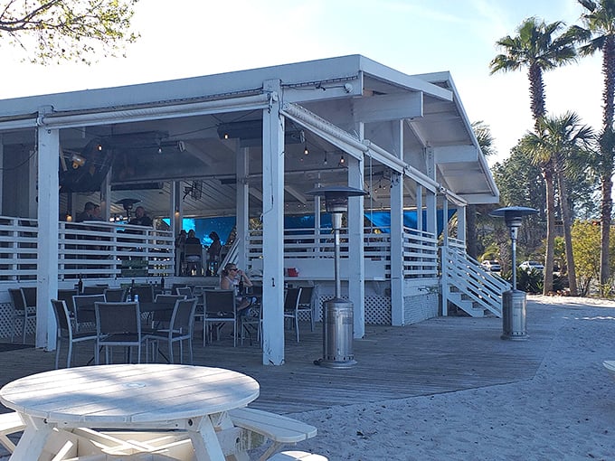 The Bay restaurant offers al fresco dining with your toes practically in the sand. Where the dress code is "whatever you wore on your beach walk."