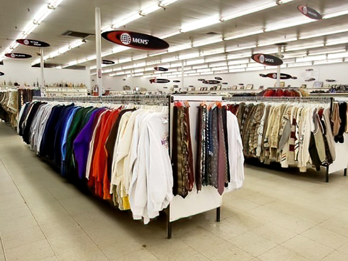 The men's department: where business casual meets vintage cool. That perfect blazer or quirky tie is hiding somewhere in this textile jungle.